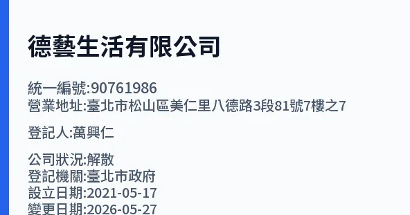 德藝生活有限公司的照片-統編 90761986(臺北市) 公司登記資料與營業項目詳細圖表