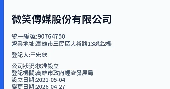 微笑傳媒股份有限公司的照片-統編 90764750(高雄市) 公司登記資料與營業項目詳細圖表