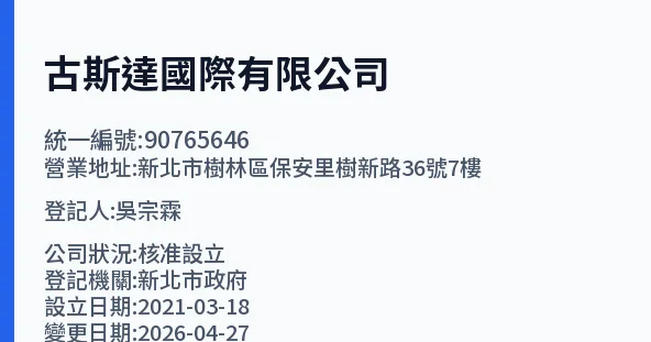 古斯達國際有限公司的照片-統編 90765646(新北市) 公司登記資料與營業項目詳細圖表