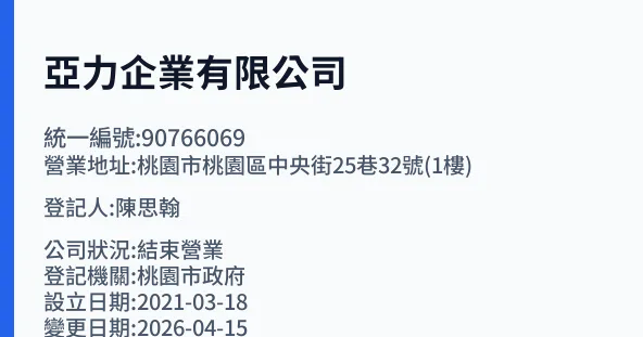 亞力企業有限公司的照片-統編 90766069(桃園市) 公司登記資料與營業項目詳細圖表