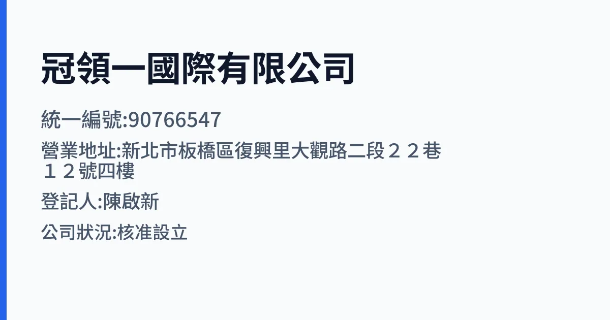 冠領一國際有限公司 - 統編 90766547(新北市) 公司登記資料與營業項目詳細圖表