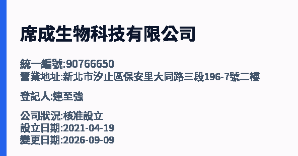 席成生物科技有限公司的照片-統編 90766650 公司登記資料與營業項目詳細圖表