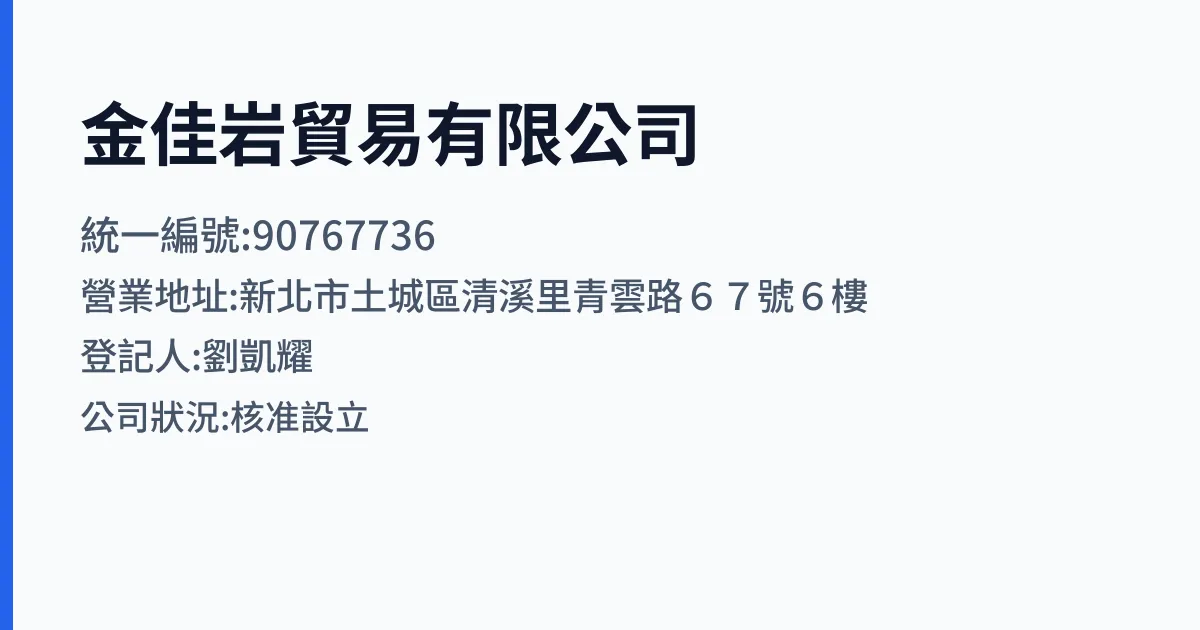 金佳岩貿易有限公司 - 統編 90767736(新北市) 公司登記資料與營業項目詳細圖表