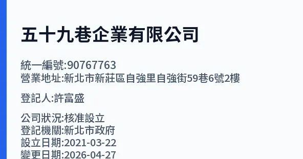 五十九巷企業有限公司的照片-統編 90767763(新北市) 公司登記資料與營業項目詳細圖表