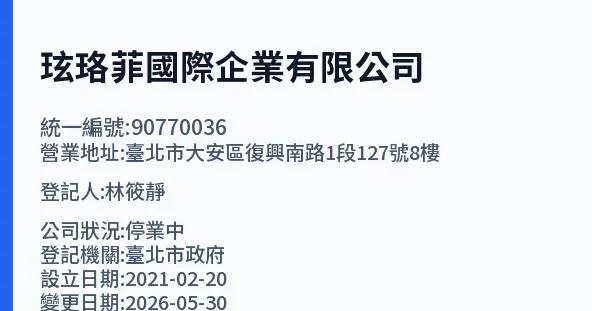 玹珞菲國際企業有限公司的照片-統編 90770036(臺北市) 公司登記資料與營業項目詳細圖表