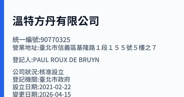 溫特方丹有限公司的照片-統編 90770325(臺北市) 公司登記資料與營業項目詳細圖表