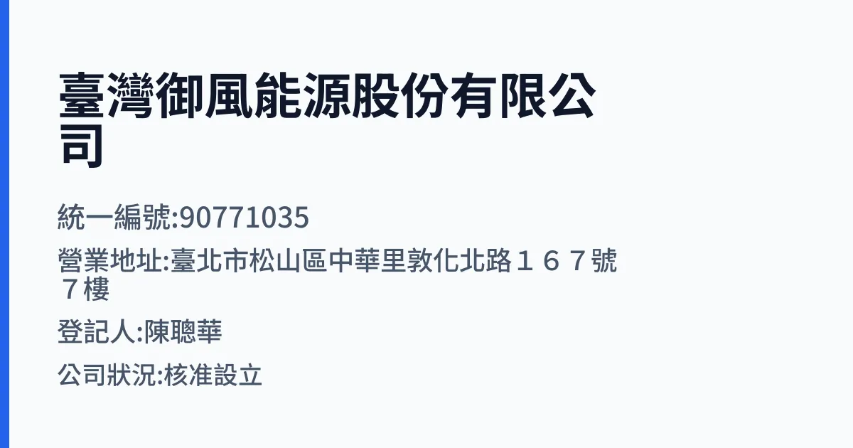 臺灣御風能源股份有限公司 - 統編 90771035(臺北市) 公司登記資料與營業項目詳細圖表