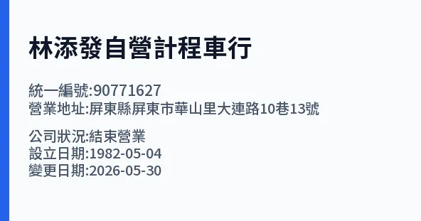 林添發自營計程車行的照片-統編 90771627(屏東縣) 公司登記資料與營業項目詳細圖表