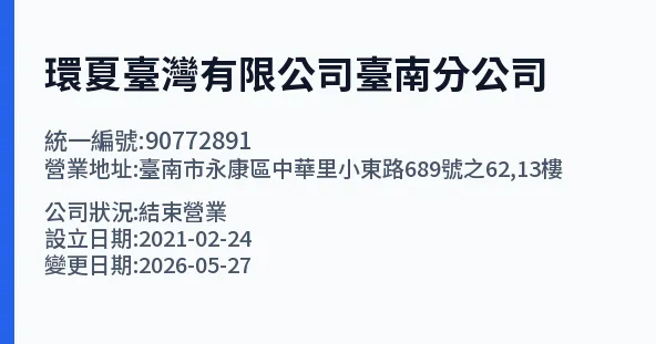 環夏臺灣有限公司臺南分公司的照片-統編 90772891(臺南市) 公司登記資料與營業項目詳細圖表