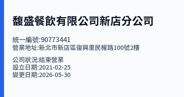 馥盛餐飲有限公司新店分公司的照片-統編 90773441(新北市) 公司登記資料與營業項目詳細圖表