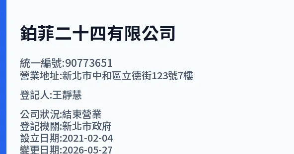 鉑菲二十四有限公司的照片-統編 90773651(新北市) 公司登記資料與營業項目詳細圖表