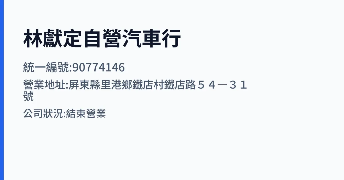 林獻定自營汽車行 - 統編 90774146(屏東縣) 公司登記資料與營業項目詳細圖表