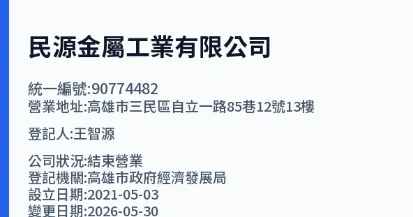 民源金屬工業有限公司的照片-統編 90774482(高雄市) 公司登記資料與營業項目詳細圖表