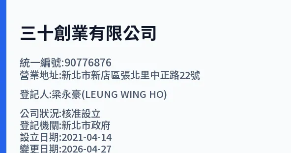 三十創業有限公司的照片-統編 90776876(新北市) 公司登記資料與營業項目詳細圖表