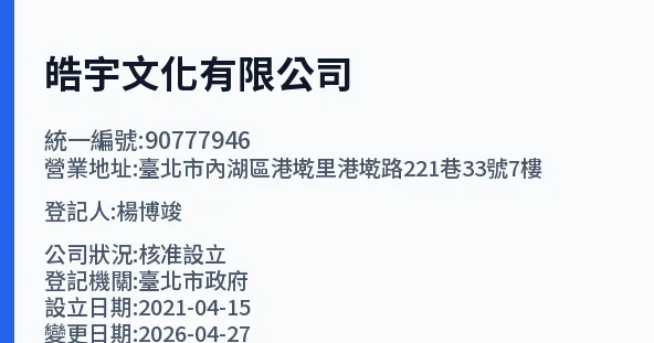 皓宇文化有限公司的照片-統編 90777946(臺北市) 公司登記資料與營業項目詳細圖表