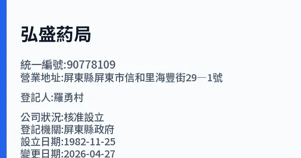 弘盛葯局的照片-統編 90778109(屏東縣) 公司登記資料與營業項目詳細圖表