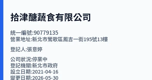 拾津醣蔬食有限公司的照片-統編 90779135(新北市) 公司登記資料與營業項目詳細圖表