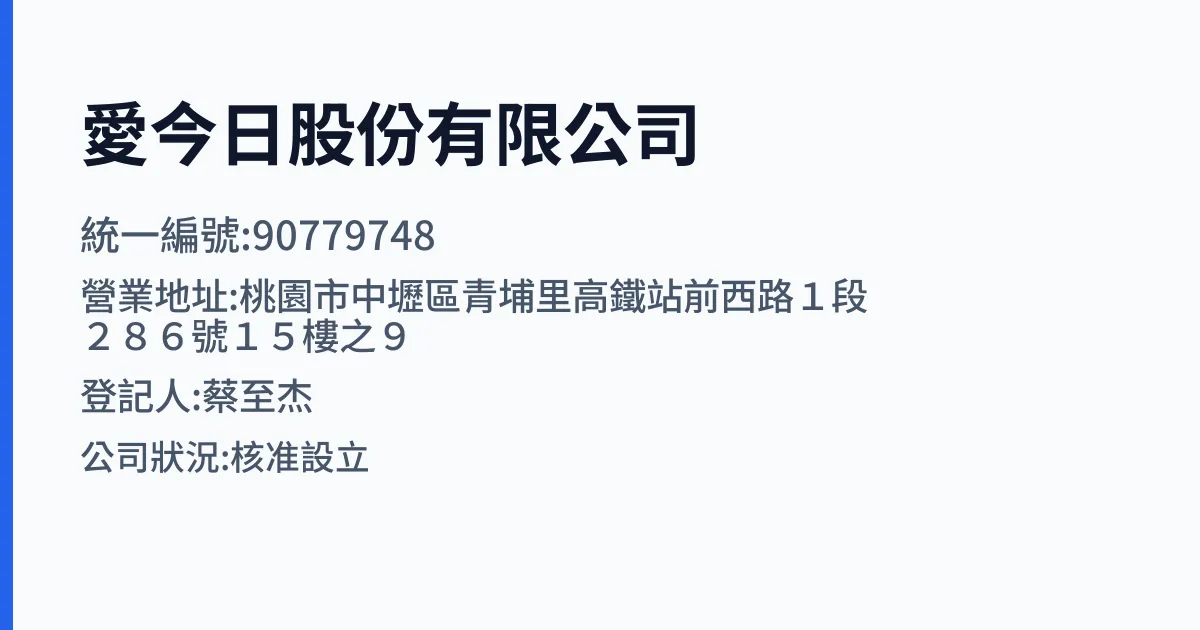 愛今日股份有限公司 - 統編 90779748(桃園市) 公司登記資料與營業項目詳細圖表