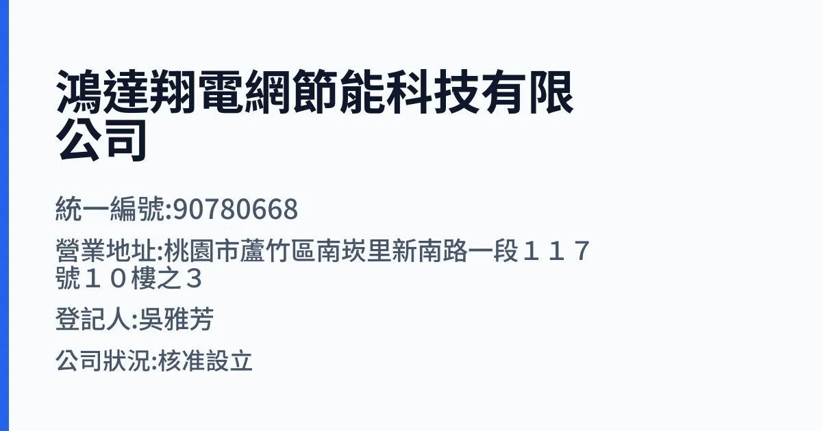 鴻達翔電網節能科技有限公司 - 統編 90780668(桃園市) 公司登記資料與營業項目詳細圖表