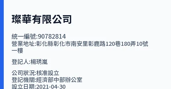 璨華有限公司的照片-統編 90782814(彰化縣) 公司登記資料與營業項目詳細圖表
