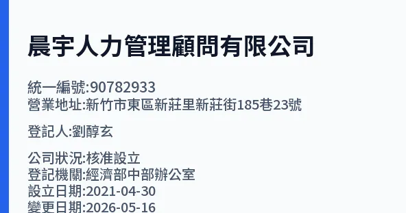 晨宇人力管理顧問有限公司的照片-統編 90782933(新竹市) 公司登記資料與營業項目詳細圖表