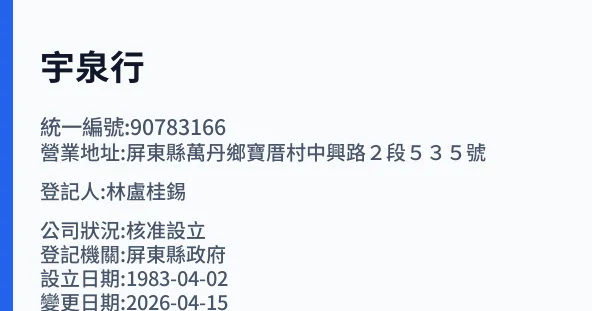 宇泉行的照片-統編 90783166(屏東縣) 公司登記資料與營業項目詳細圖表