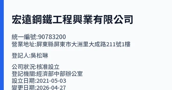 宏遠鋼鐵工程興業有限公司的照片-統編 90783200(屏東縣) 公司登記資料與營業項目詳細圖表