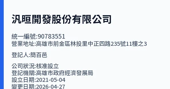 汎晅開發股份有限公司的照片-統編 90783551(高雄市) 公司登記資料與營業項目詳細圖表