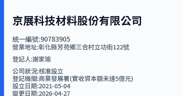 京展科技材料股份有限公司的照片-統編 90783905(彰化縣) 公司登記資料與營業項目詳細圖表