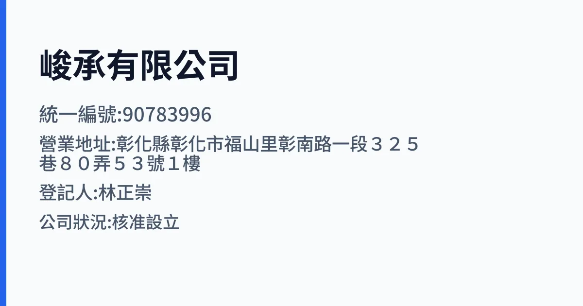 峻承有限公司 - 統編 90783996(彰化縣) 公司登記資料與營業項目詳細圖表