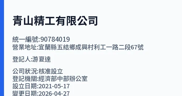 青山精工有限公司的照片-統編 90784019(宜蘭縣) 公司登記資料與營業項目詳細圖表