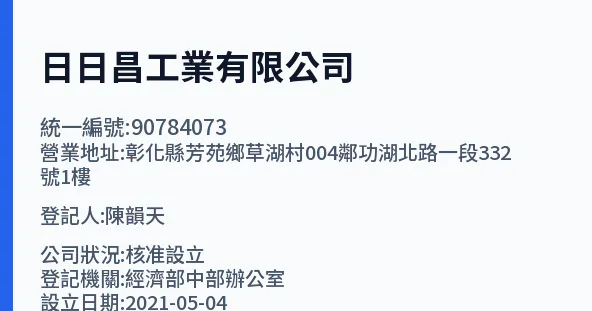 日日昌工業有限公司的照片-統編 90784073(彰化縣) 公司登記資料與營業項目詳細圖表