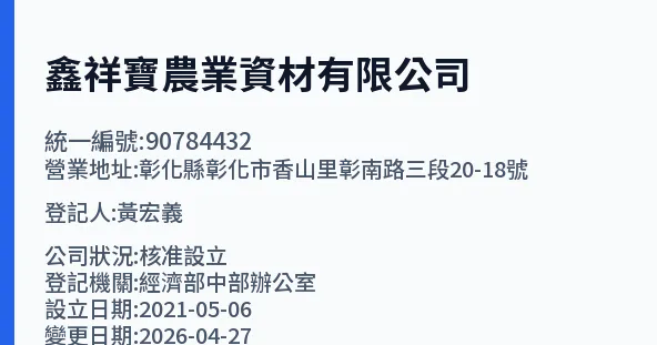 鑫祥寶農業資材有限公司的照片-統編 90784432(彰化縣) 公司登記資料與營業項目詳細圖表