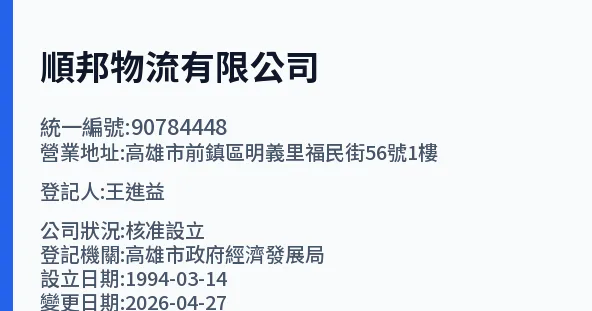 順邦物流有限公司的照片-統編 90784448(高雄市) 公司登記資料與營業項目詳細圖表