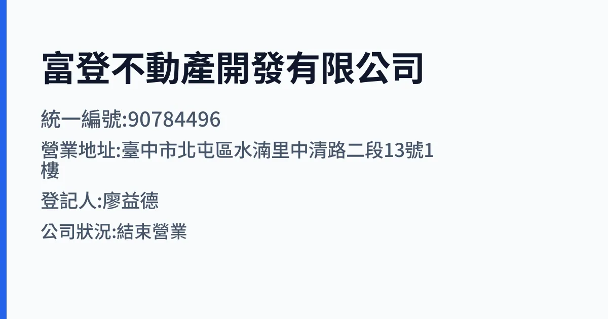 富登不動產開發有限公司 - 統編 90784496(臺中市) 公司登記資料與營業項目詳細圖表