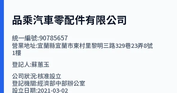 品乘汽車零配件有限公司的照片-統編 90785657(宜蘭縣) 公司登記資料與營業項目詳細圖表