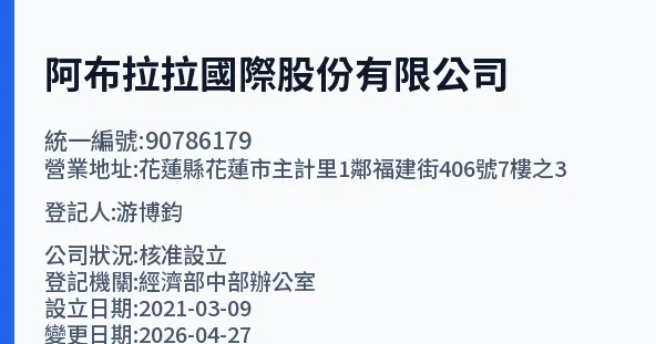 阿布拉拉國際股份有限公司的照片-統編 90786179(花蓮縣) 公司登記資料與營業項目詳細圖表