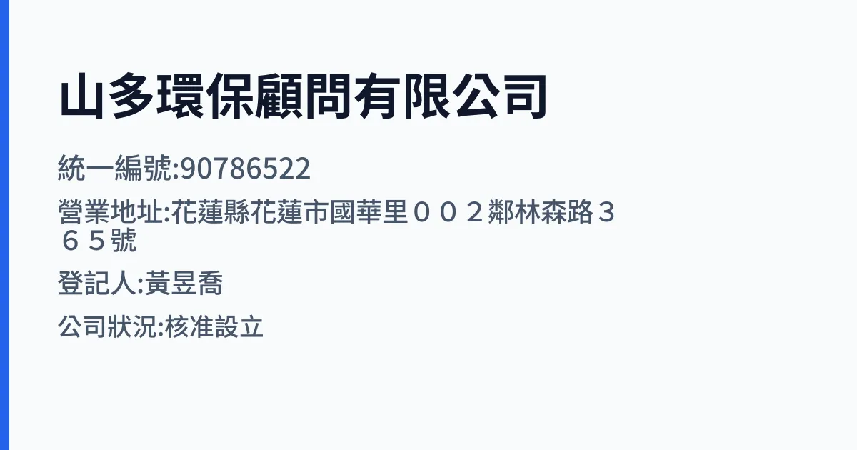 山多環保顧問有限公司 - 統編 90786522 (花蓮縣) 公司登記資料與營業項目詳細圖表