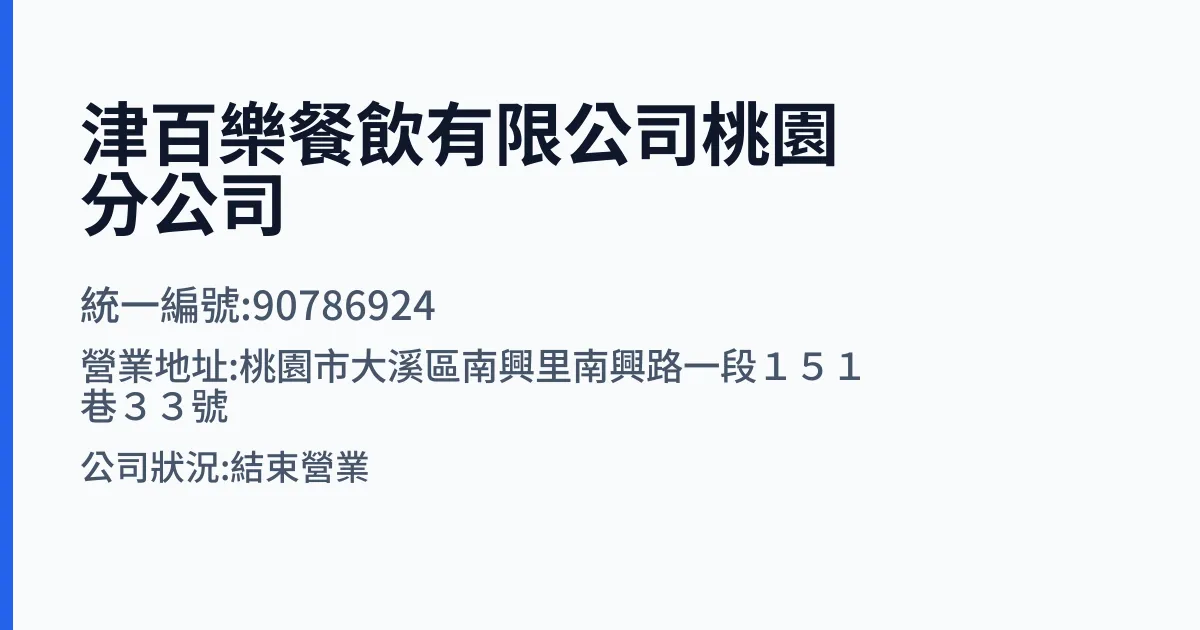 津百樂餐飲有限公司桃園分公司 - 統編 90786924(桃園市) 公司登記資料與營業項目詳細圖表