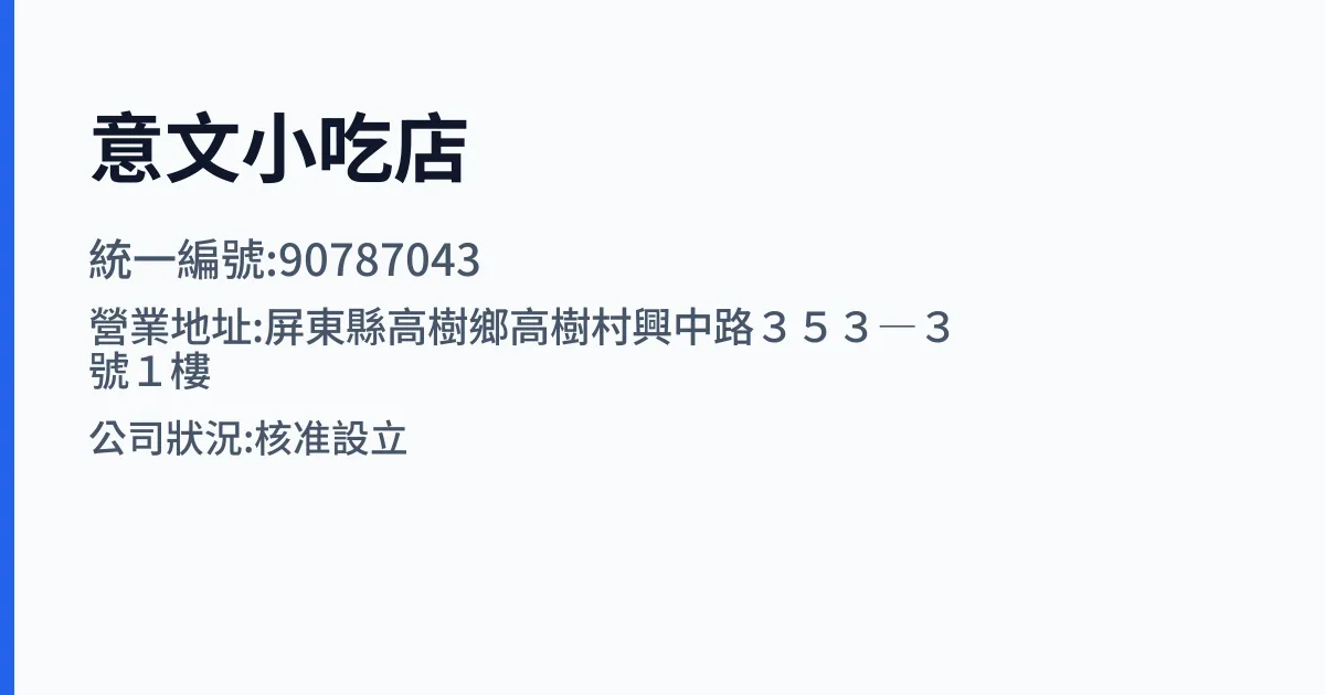 意文小吃店 - 統編 90787043(屏東縣) 公司登記資料與營業項目詳細圖表