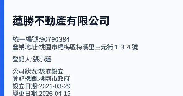 蓮勝不動產有限公司的照片-統編 90790384(桃園市) 公司登記資料與營業項目詳細圖表