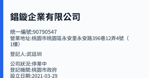 錩鏇企業有限公司的照片-統編 90790547(桃園市) 公司登記資料與營業項目詳細圖表