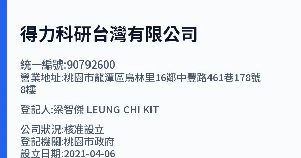得力科研台灣有限公司的照片-統編 90792600(桃園市) 公司登記資料與營業項目詳細圖表