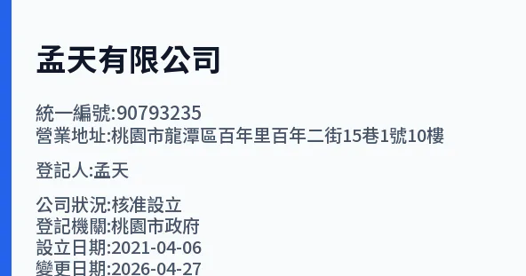 孟天有限公司的照片-統編 90793235(桃園市) 公司登記資料與營業項目詳細圖表