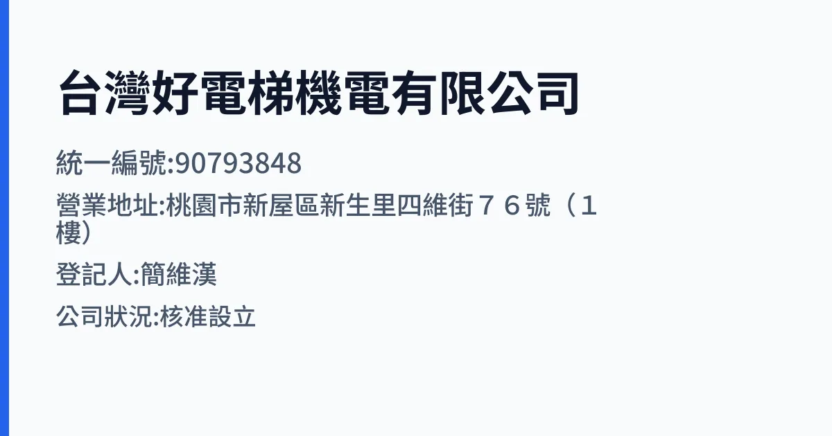 台灣好電梯機電有限公司 - 統編 90793848(桃園市) 公司登記資料與營業項目詳細圖表