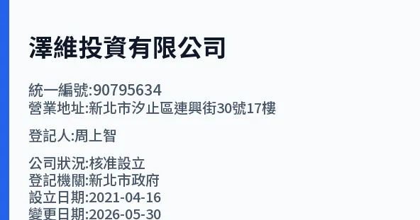 澤維投資有限公司的照片-統編 90795634(新北市) 公司登記資料與營業項目詳細圖表