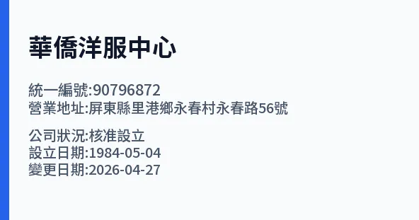 華僑洋服中心的照片-統編 90796872(屏東縣) 公司登記資料與營業項目詳細圖表