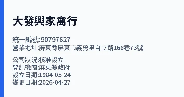 大發興家禽行的照片-統編 90797627(屏東縣) 公司登記資料與營業項目詳細圖表