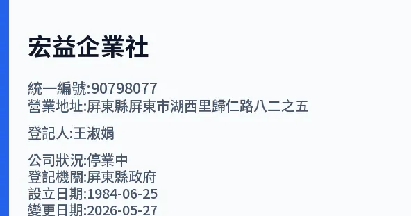 宏益企業社的照片-統編 90798077(屏東縣) 公司登記資料與營業項目詳細圖表