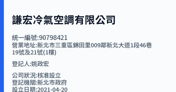 謙宏冷氣空調有限公司的照片-統編 90798421(新北市) 公司登記資料與營業項目詳細圖表